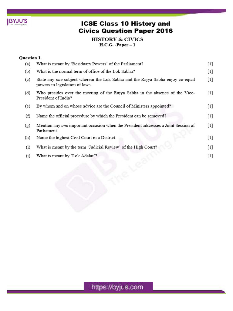 ICSE Class 10 History and Civics Question Paper 2016 | PDF