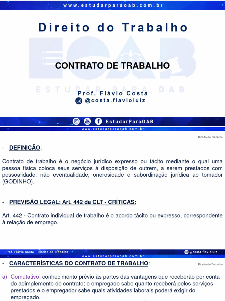 Estudar para OAB - Direito Do Trabalho - Teoria Geral Do Contrato de Trabalho | PDF | Economias ...