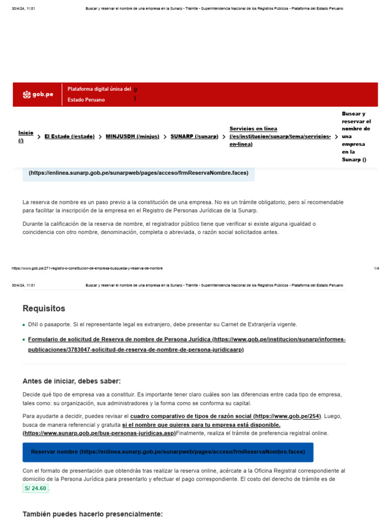 Reserva de Nombre de Empresa en Sunarp | PDF | Documento de identidad