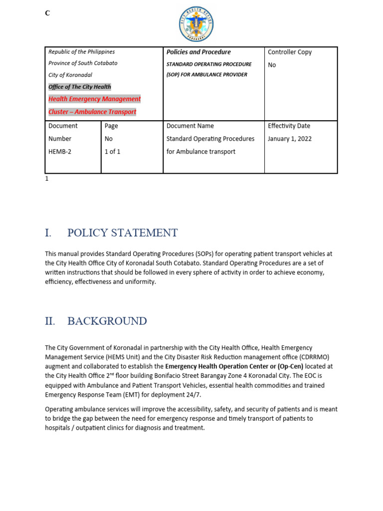 Eoc Ambulance Transport Policy - Sop | PDF | Ambulance | Emergency ...