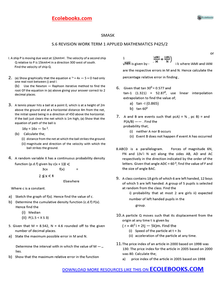 Kitende s6 Applied MTC HW Revision Past Papers | PDF | Probability ...