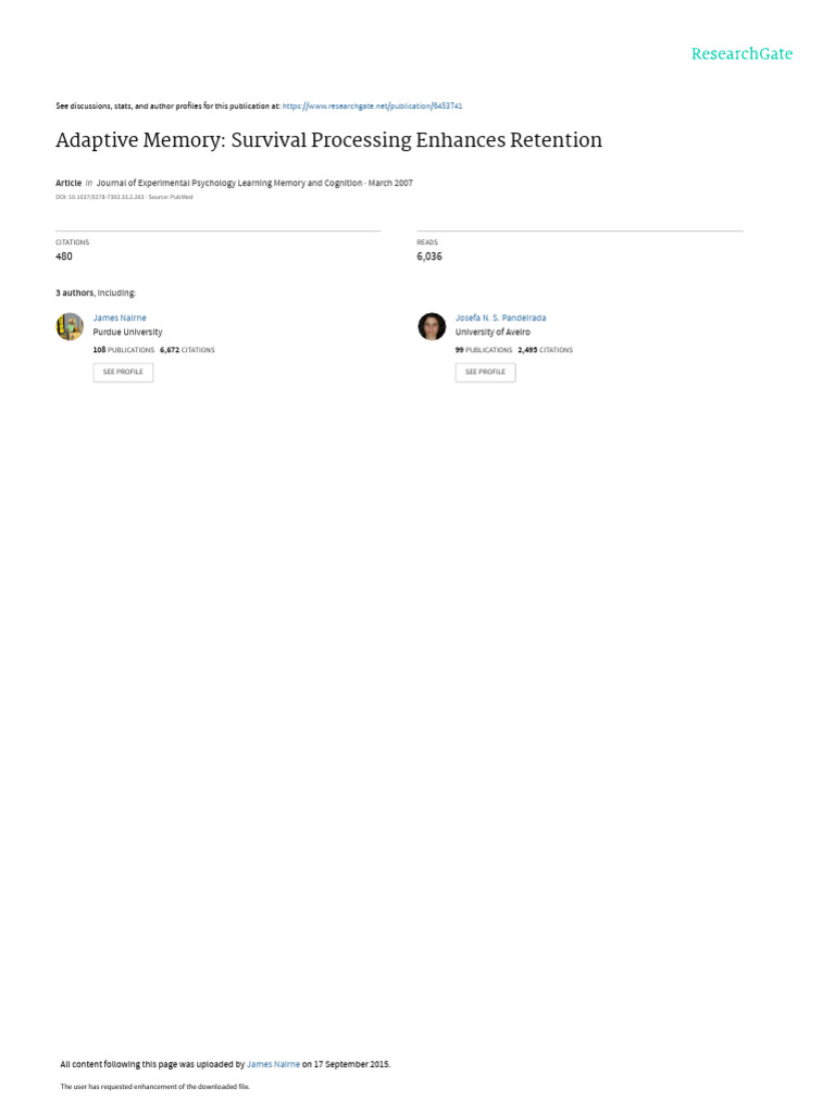 Adaptive Memory Survival Processing Enhances Reten | PDF | Recall (Memory) | Memory