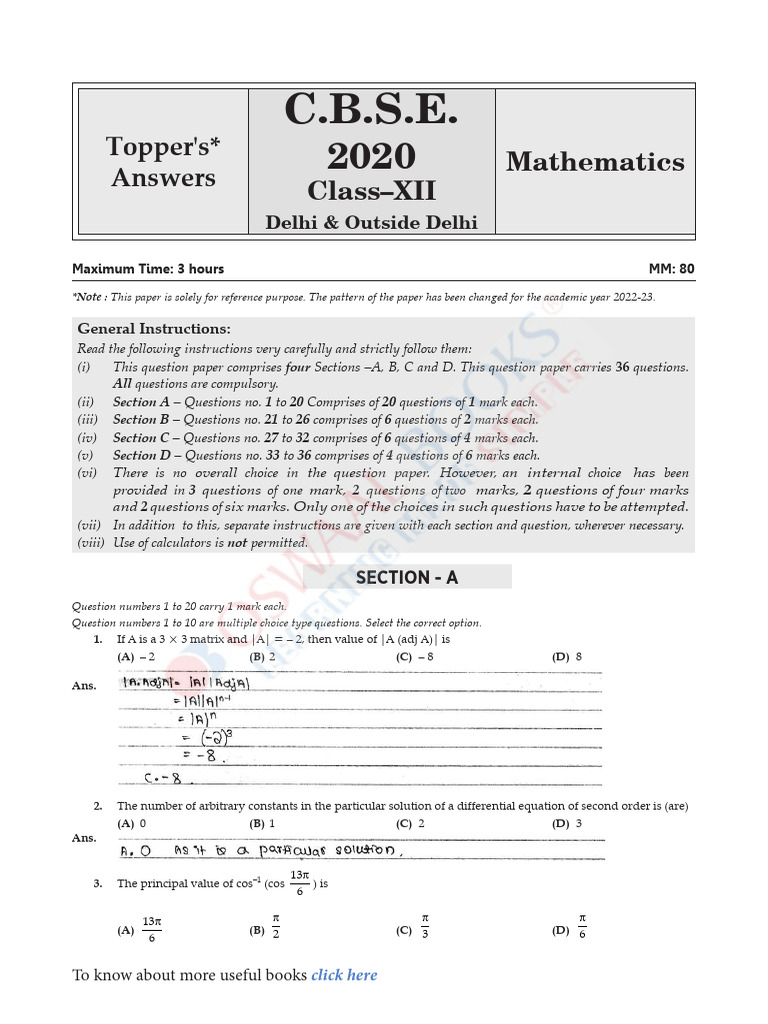 Oswaal CBSE Class 12th Toppers Answers Year-2020 Mathematics | Download ... Oswaal CBSE Class 12th Toppers Answers Year-2020 Mathematics | Download ...