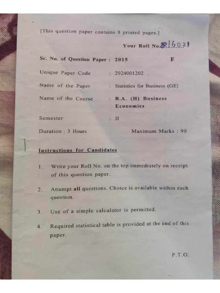 Statistics For Business Semester 2 Paper PF DU | PDF