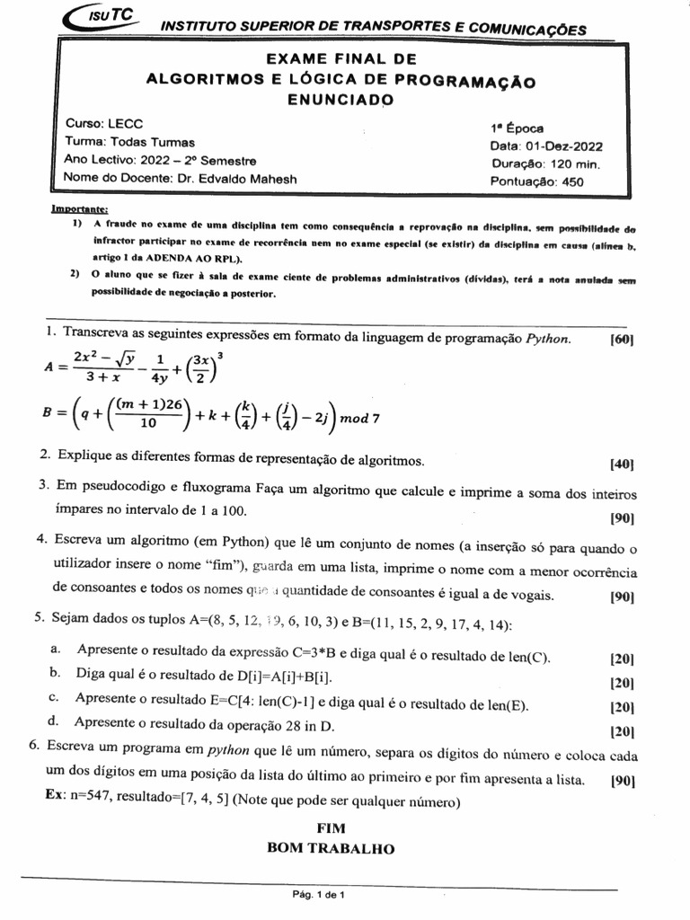 Exame Final Alp Lecc 2022 | PDF