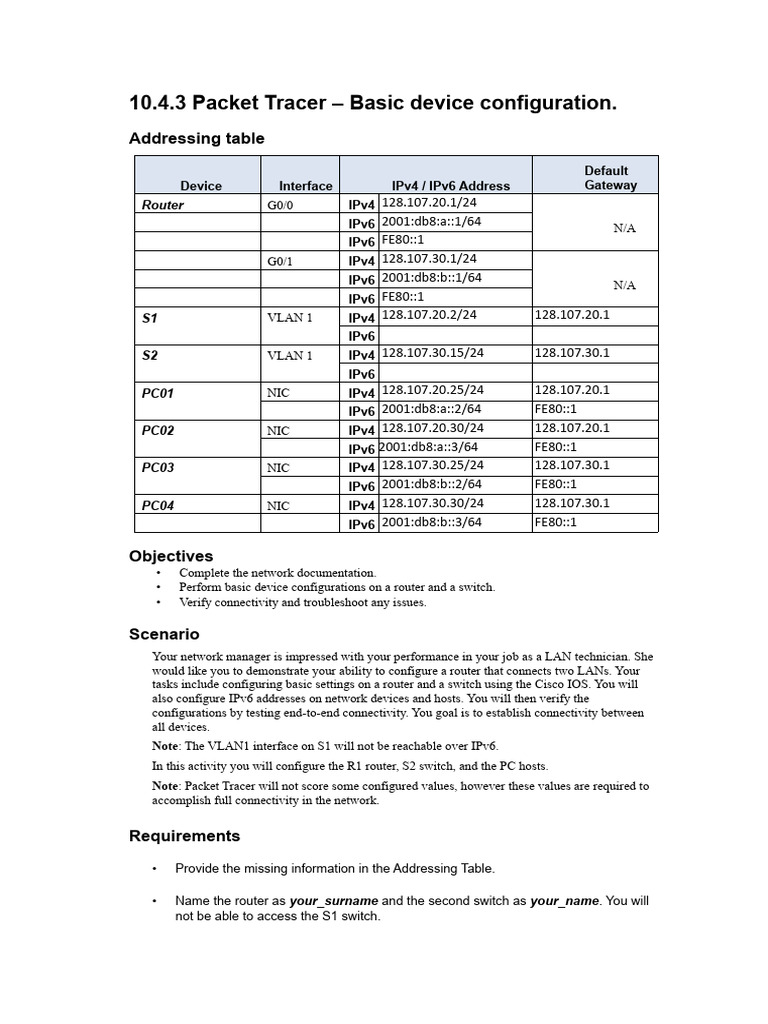 10.4.3 Packet Tracer - Basic Device Configuration - DenisMG | PDF | I ...
