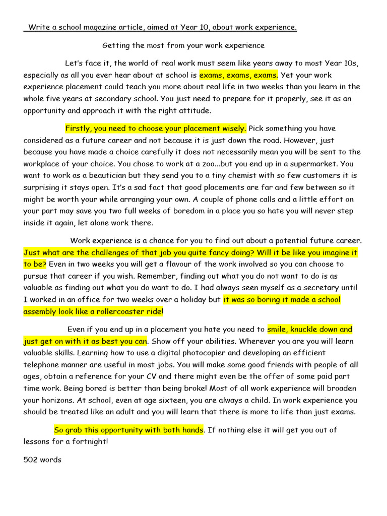 Maximizing Your Year 10 Work Experience | PDF