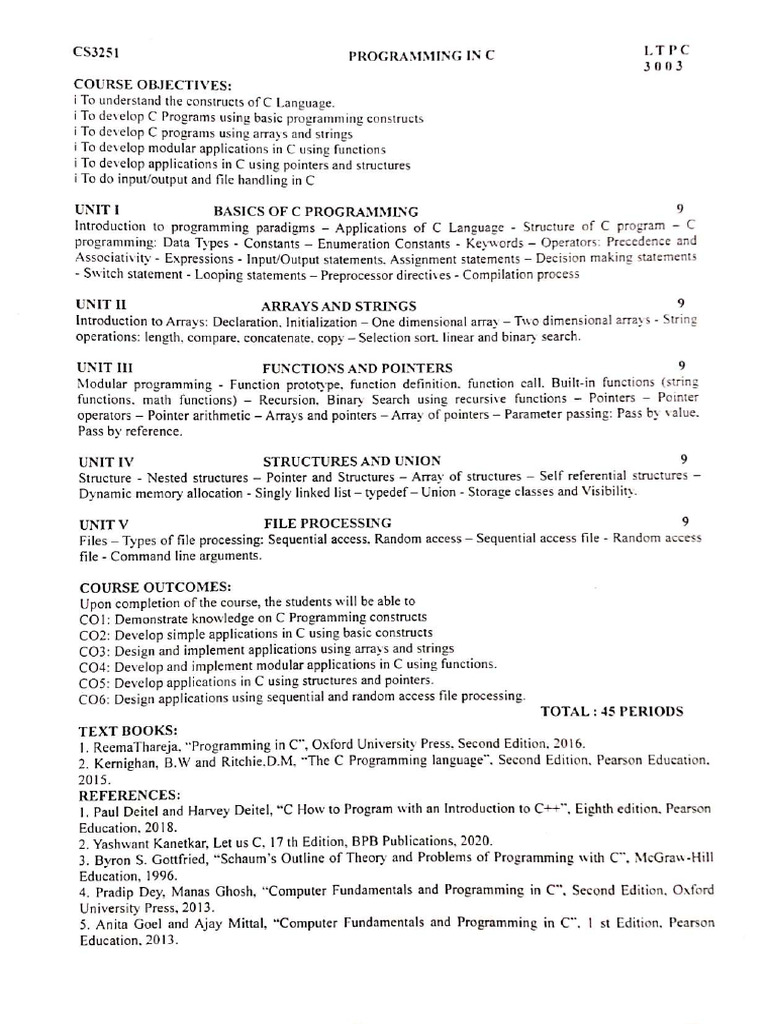 CS3251 PRGM in C - Unit 1 | PDF