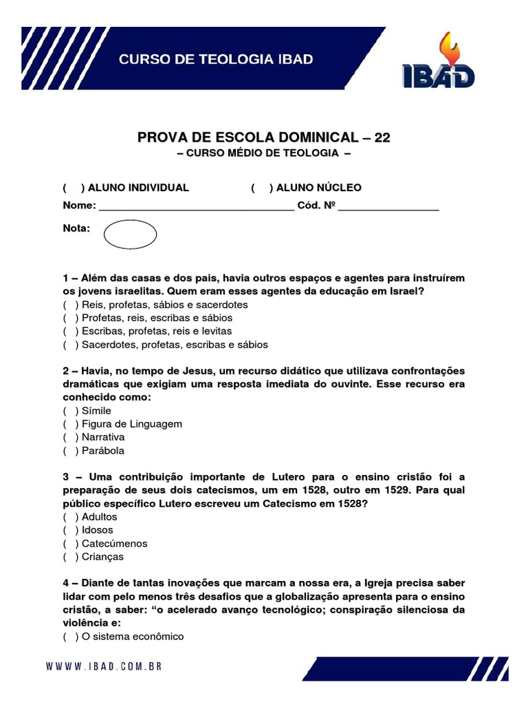 PROVA DE EBD Denilson Matos | PDF