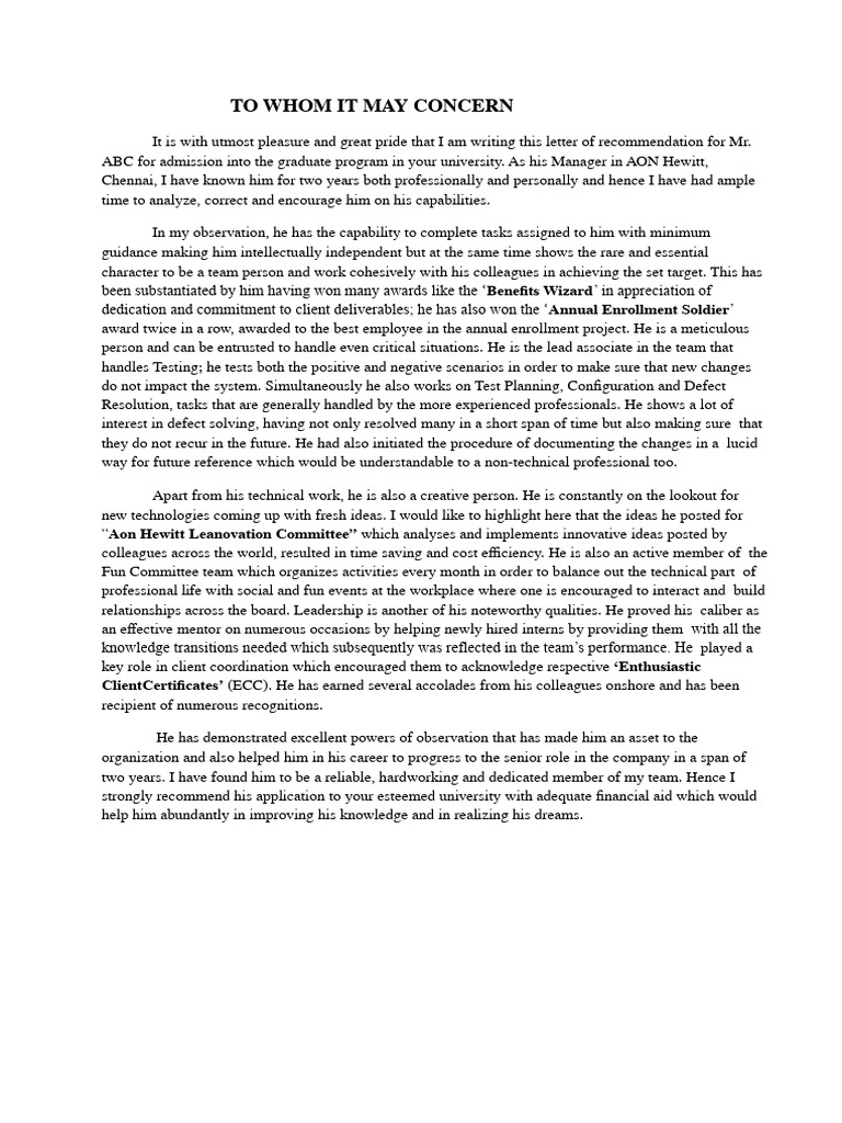 Sample LOR 1.Doc | PDF | Social Psychology | Business