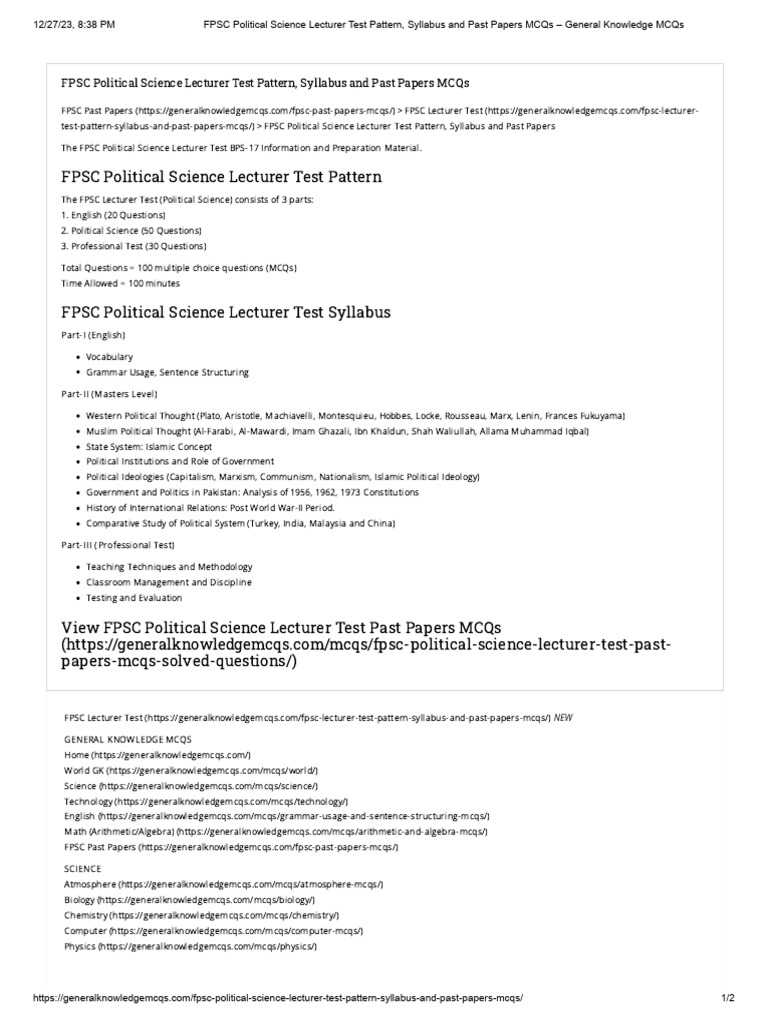 FPSC Political Science Lecturer Test Pattern, Syllabus and Past Papers ...