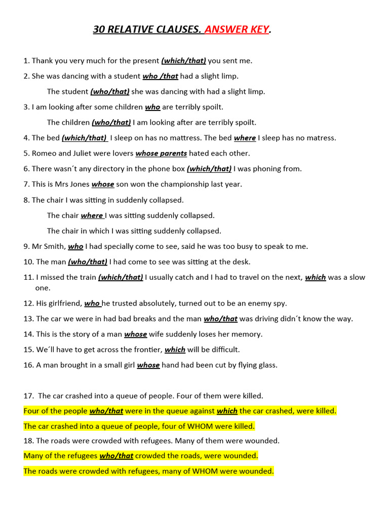 Relative Clauses Answer Key Guide | PDF
