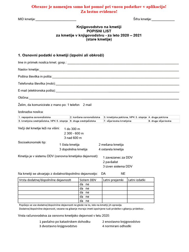 Popisni List 2021 Stare Kmetije | PDF