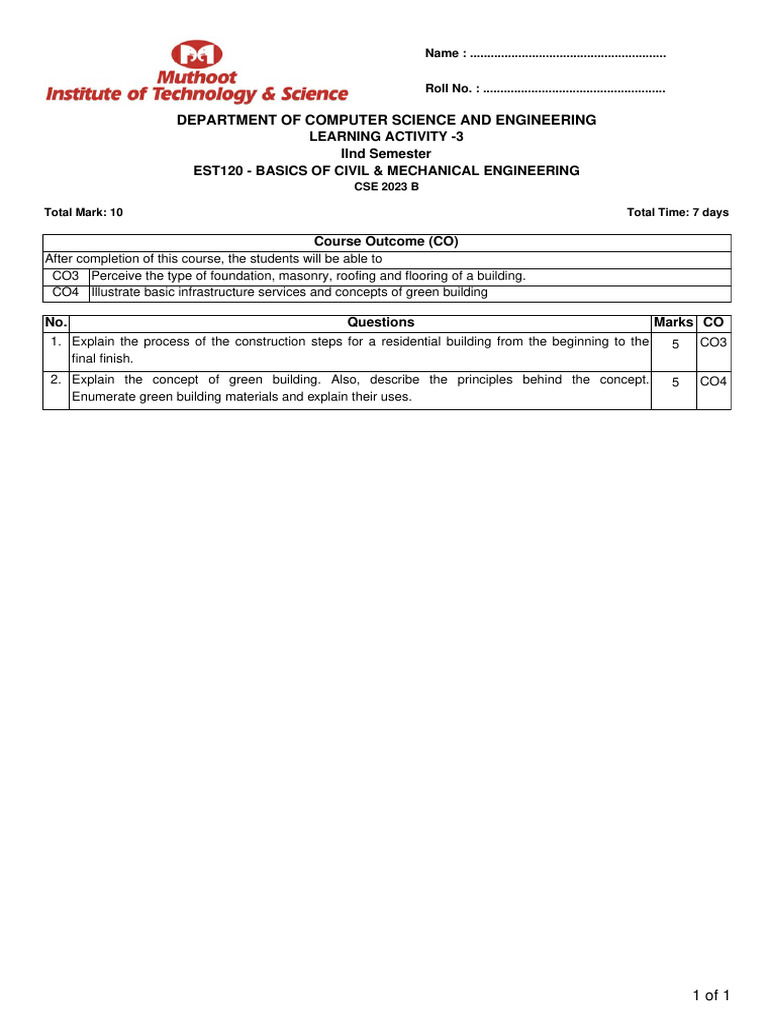 Basics of Civil & Mechanical Engineering Activity | PDF | Technology & Engineering