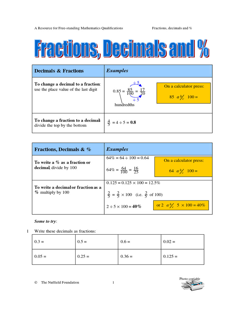 Percentage, Decimals and Fractions | PDF | Decimal | Percentage