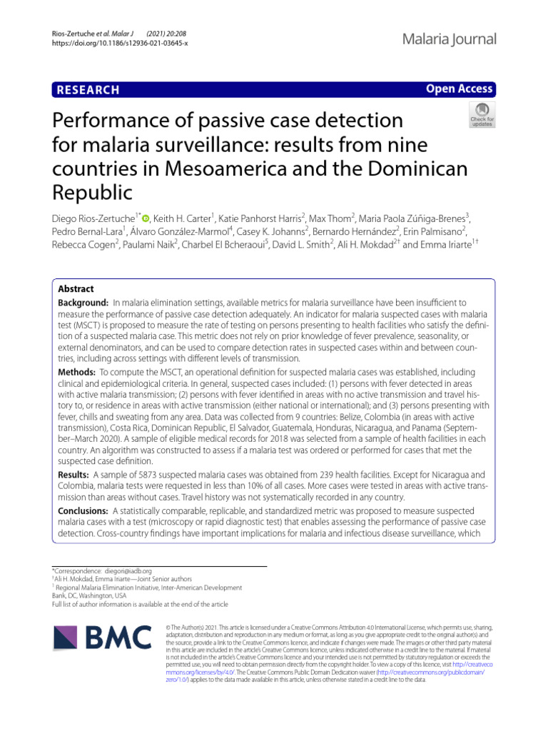 Performance of Passive Case Detection Indicator | PDF | Malaria | Medical Diagnosis
