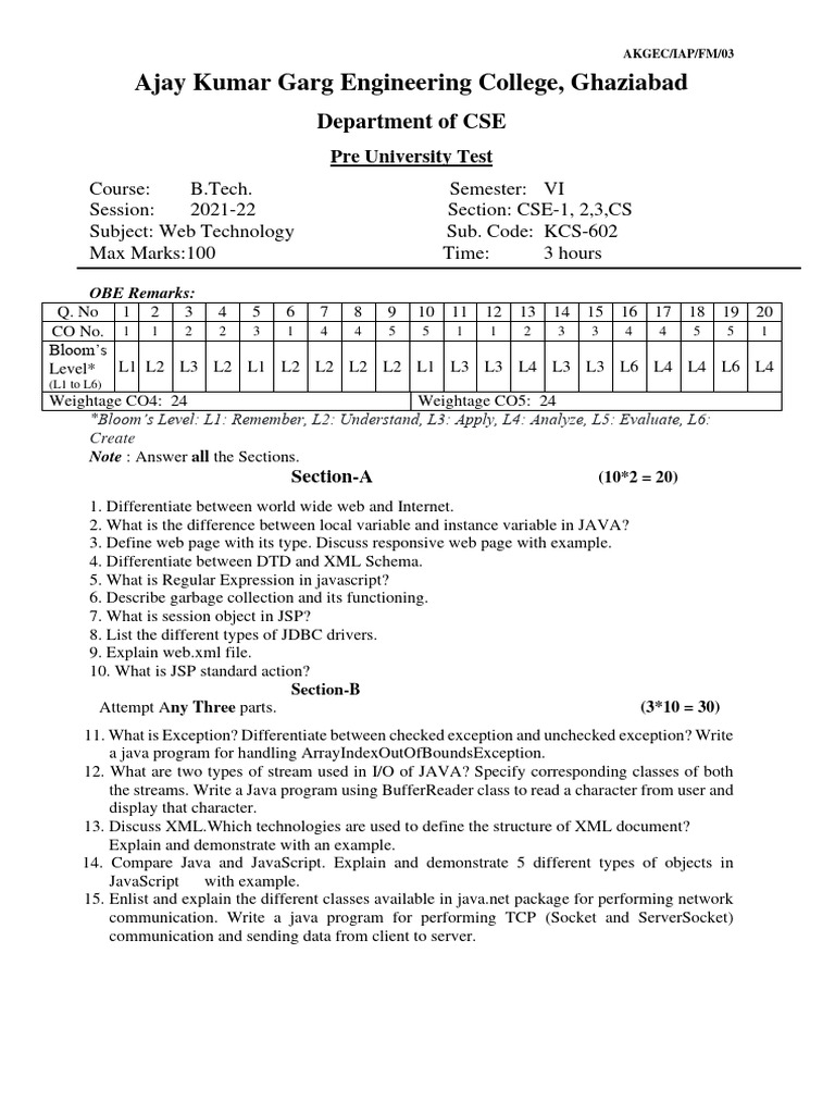 Web Technology KCS-602 PUT QP Even 21-22 | PDF | Computing | Computer Programming