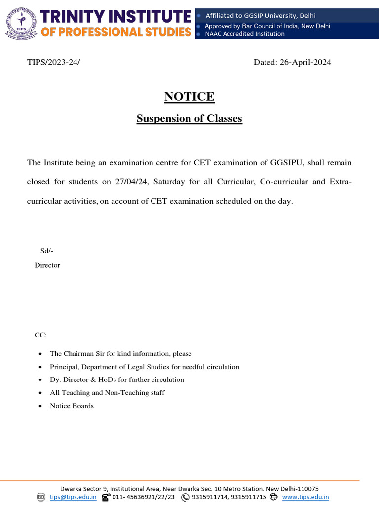 Notice: Class Suspension for CET Exam | PDF | Business