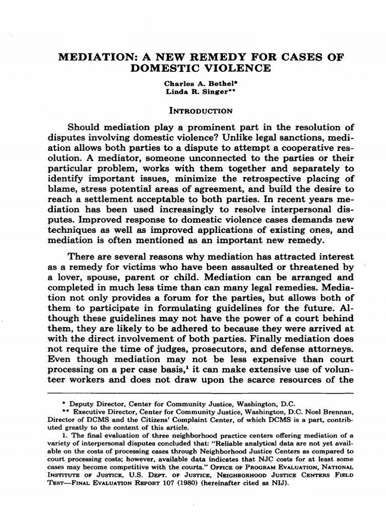 Bethel Singer - Mediation A New Remedy For Cases of Domestic Violence PDF | PDF | Mediation ...