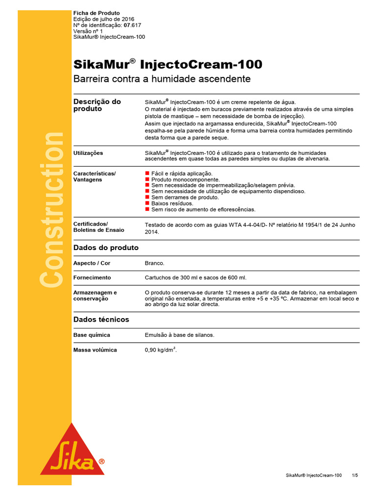 Ficha Técnica - SikaMur InjectoCream-100 | PDF | Argamassa (alvenaria)