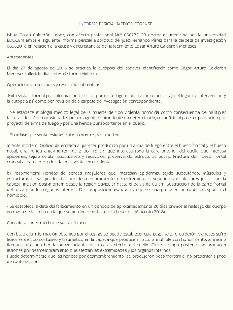 Informe Pericial Médico Forense: Homicidio | PDF | Autopsia