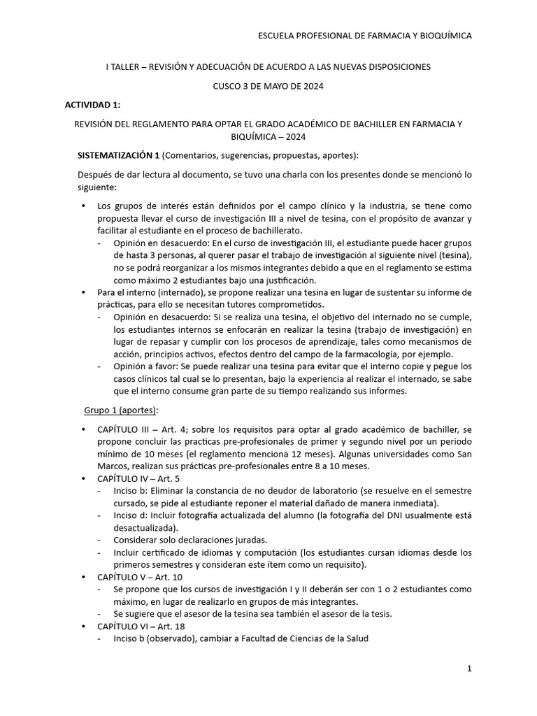 Sistematización - I TALLER (03-05-2024) | PDF | Farmacia | Farmacéutico