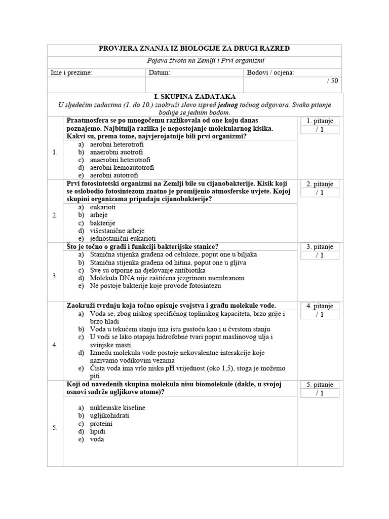 Pojava Života Na Zemlji I Prvi Organizmi - Pisana Provjera Znanja | PDF
