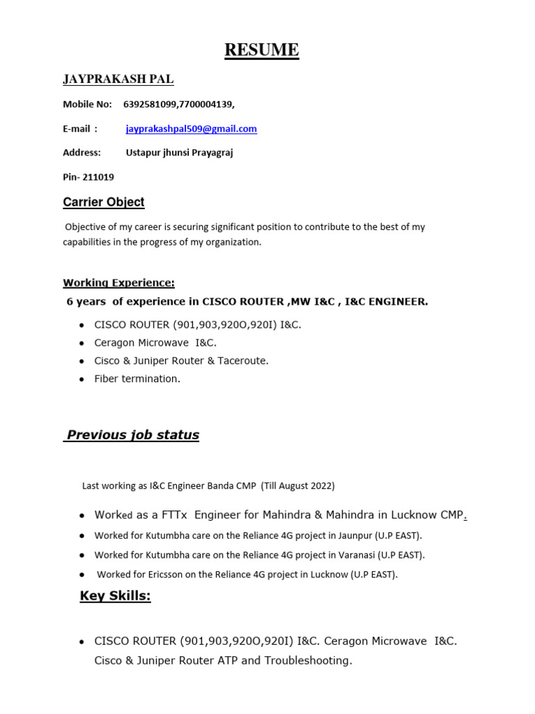 Resume: Jayprakash Pal | PDF | Telecommunications | Network Architecture
