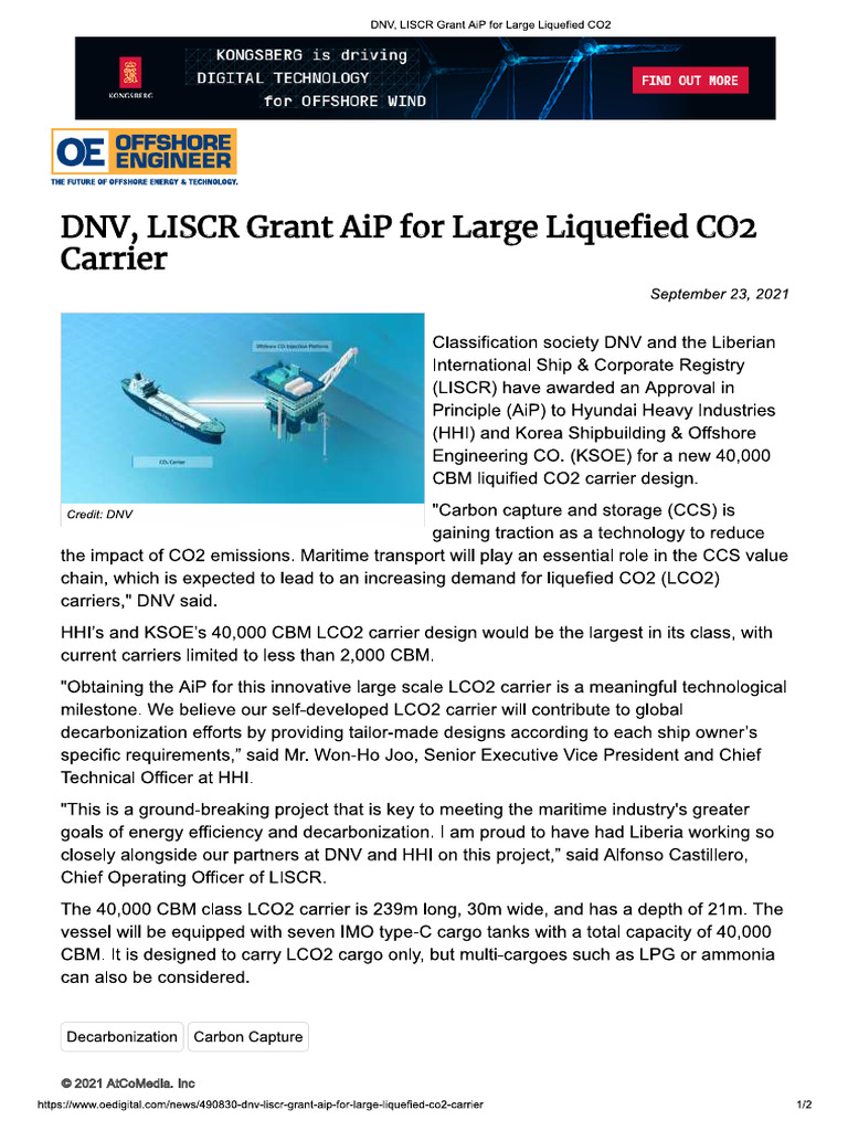 2021 OFFSHORE ENGINEER DNV, LISCR Grant AiP For Large Liquefied CO2 | PDF