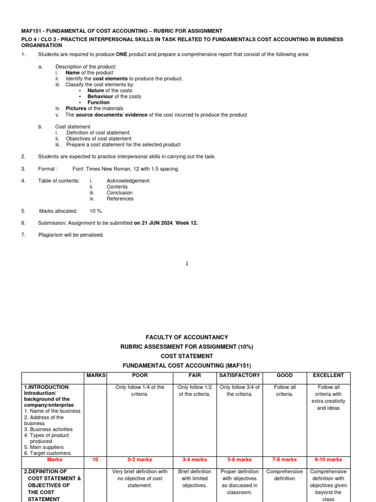 Cost Accounting Assignment Rubric Guide | PDF | Cost | Business