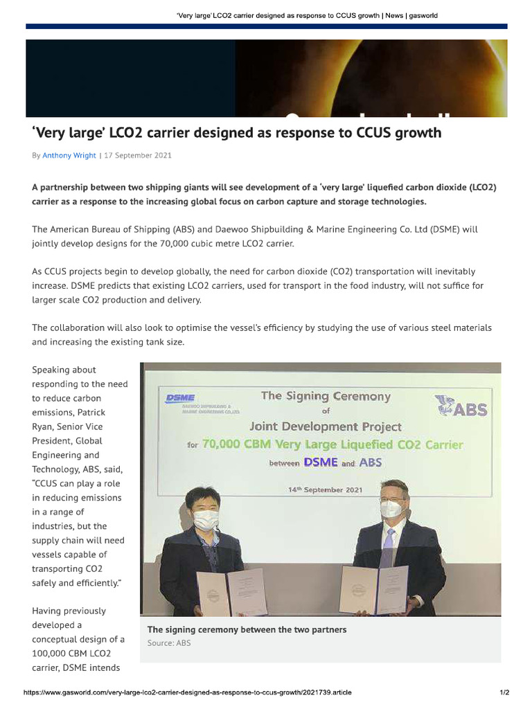 2021 GASWORLD Very Large LCO2 Carrier Designed As Response To CCUS Growth | PDF