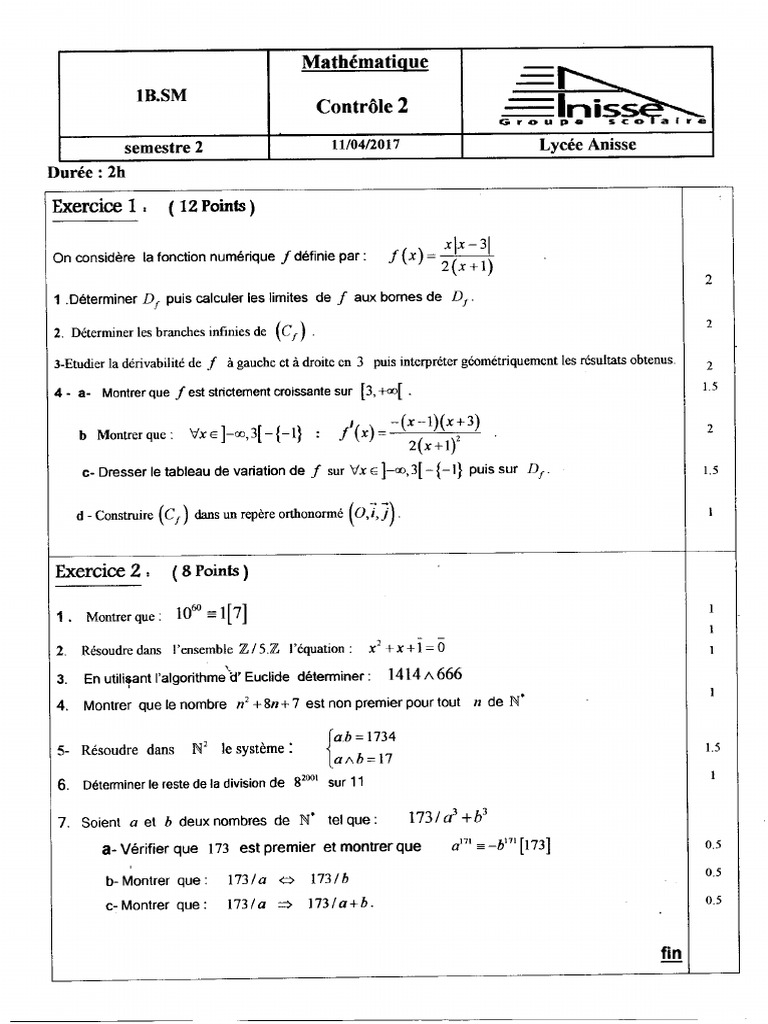 Devoir 2 Modele 1 Mathematiques 1 Bac SM Semestre 2 | PDF