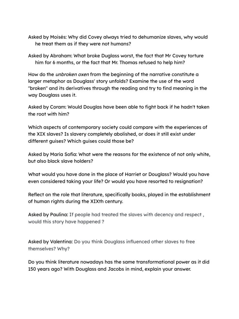 Questions For The Socratic Seminar 11A | PDF | Frederick Douglass