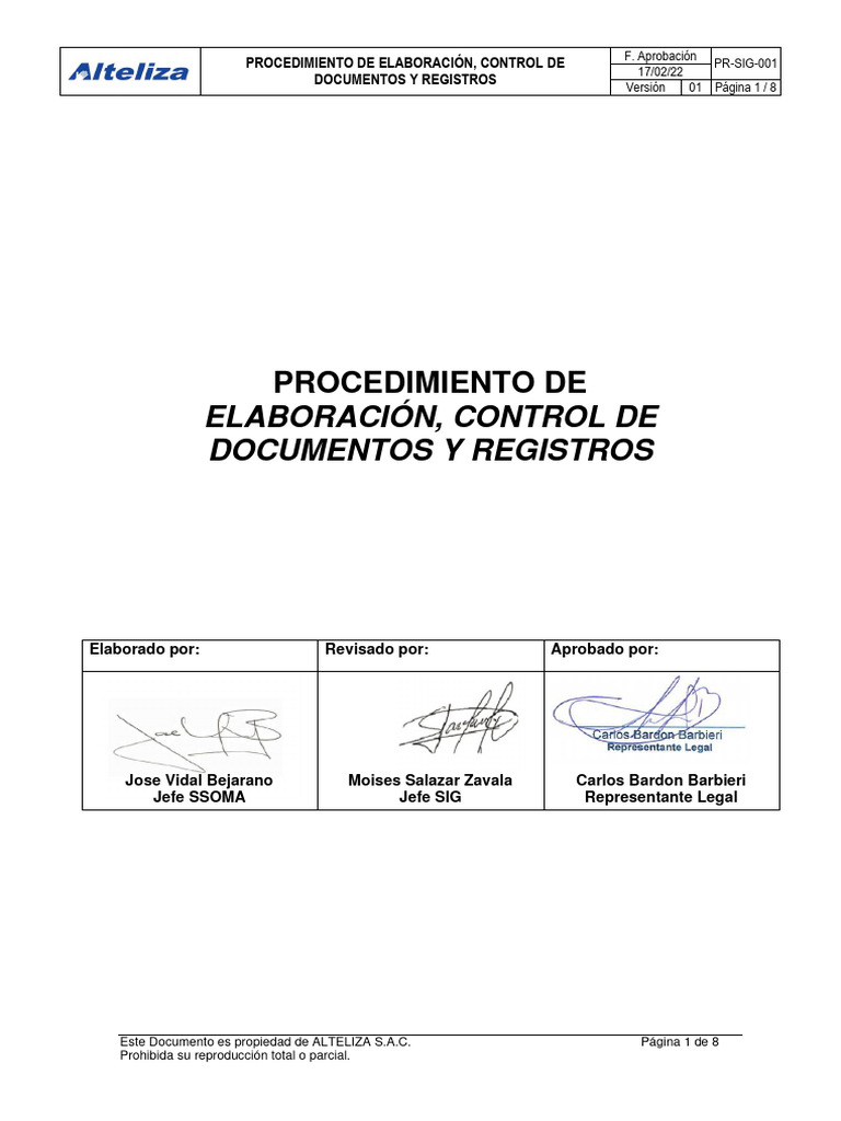 PR Sig 001 Procedimiento de Elaboracion Control de Documentos y ...