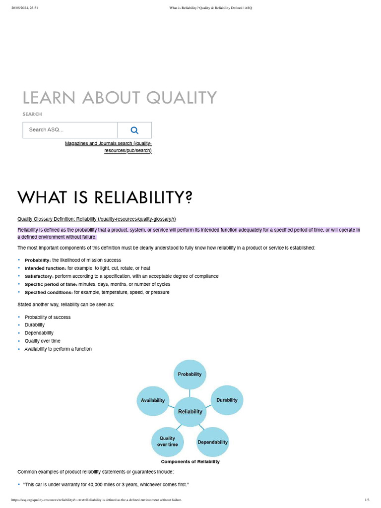 Reliability - Quality & Reliability Defined - ASQ | PDF | Reliability Engineering | Statistics
