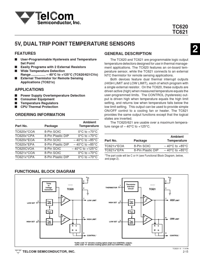 TC620 TC621 5V, Dual Trip Point Temperature Sensors: Features General ...