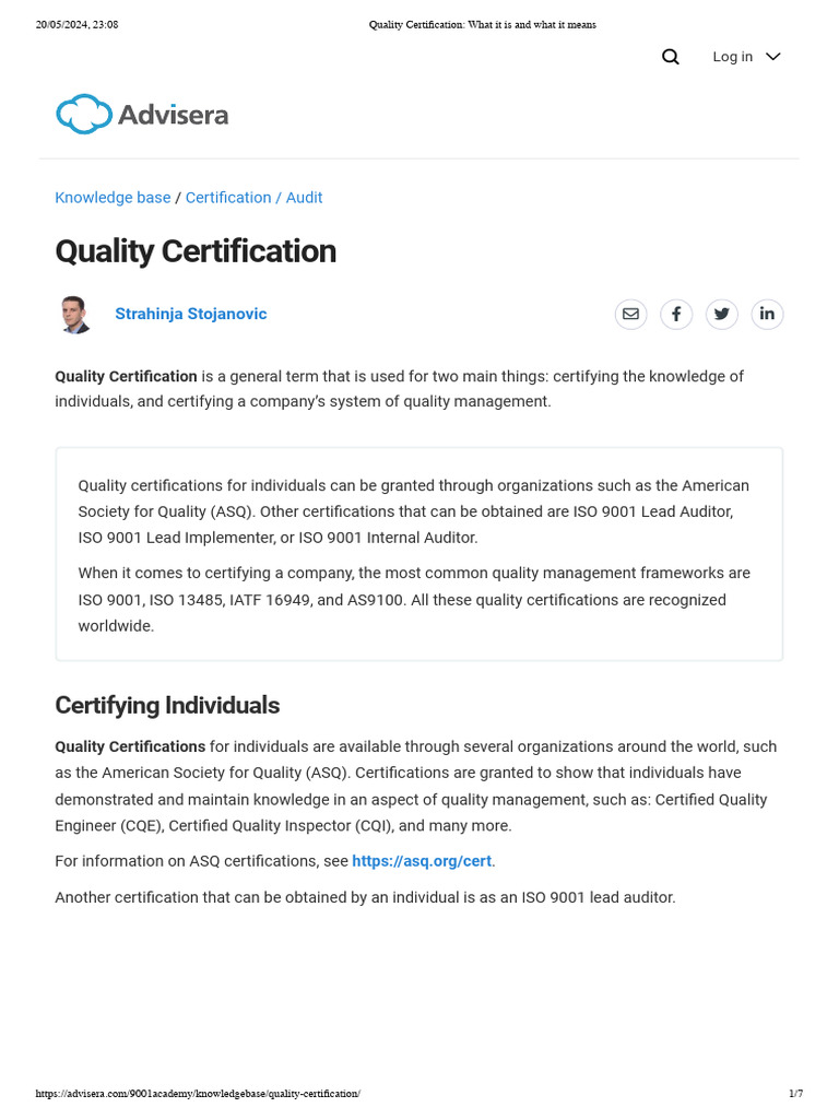 Quality Certification - What It Is and What It Means | PDF | Quality ...