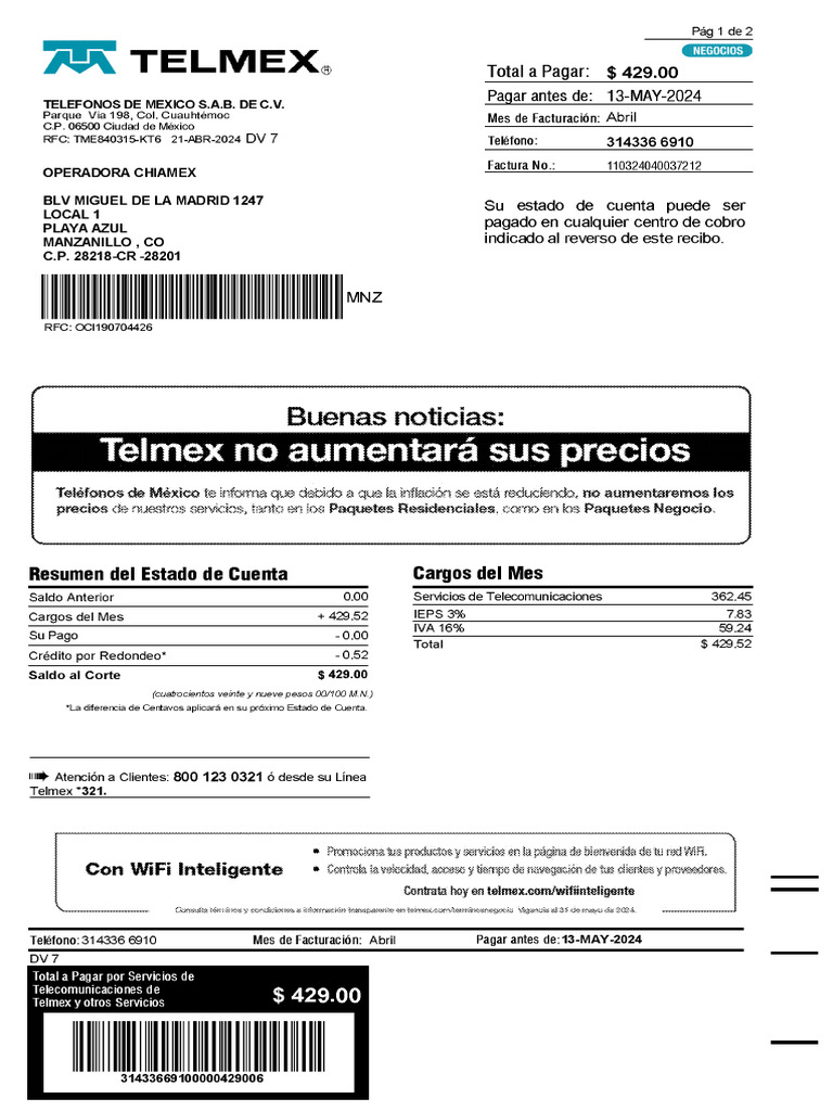 Recibo Telmex | PDF