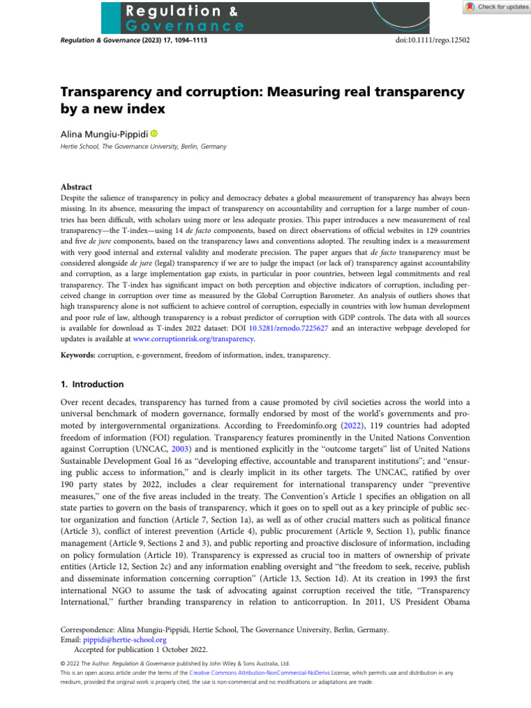 Regulation Governance - 2022 - Mungiu Pippidi - Transparency and Corruption Measuring Real ...