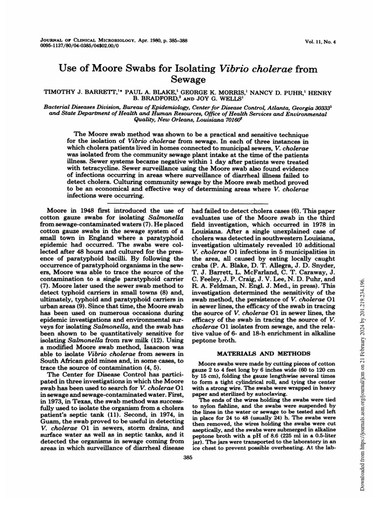 Barrett Et Al 1980 Use of Moore Swabs For Isolating Vibrio Cholerae ...
