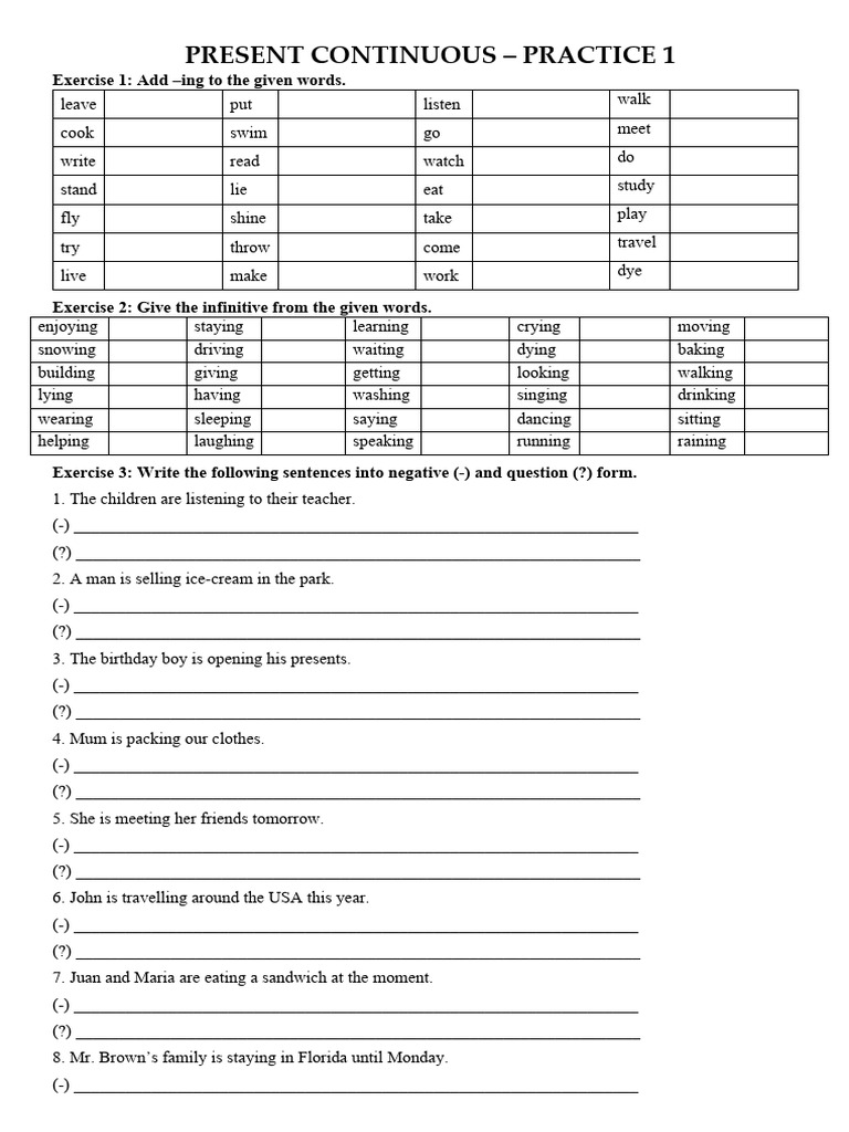 PRESENT CONTINUOUS - Practice 1+2 | PDF