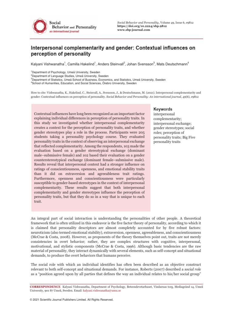 Interpersonal Complementarity | PDF | Stereotypes | Gender
