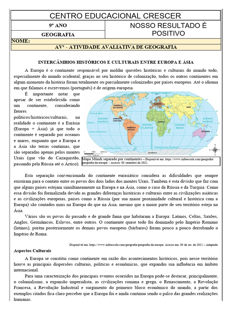 9 Ano - Geografia | PDF | Europa | Ásia
