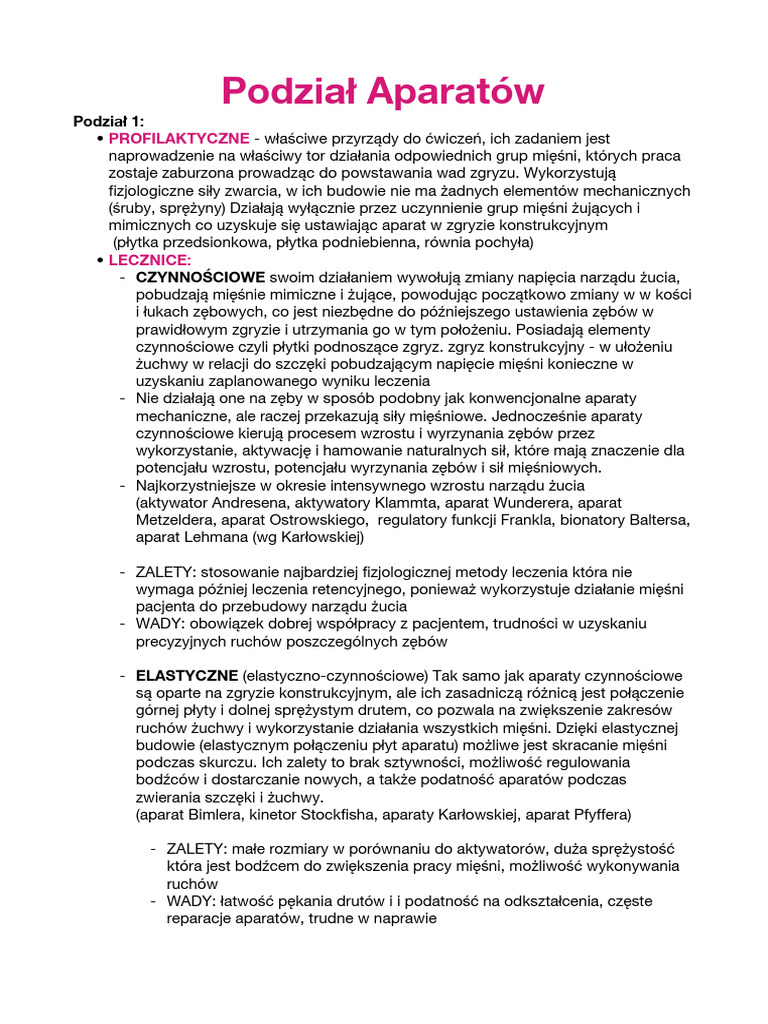 Aparaty - Ortodoncja - Techniki Dentystyczne - Rodzaje I Budowa | PDF
