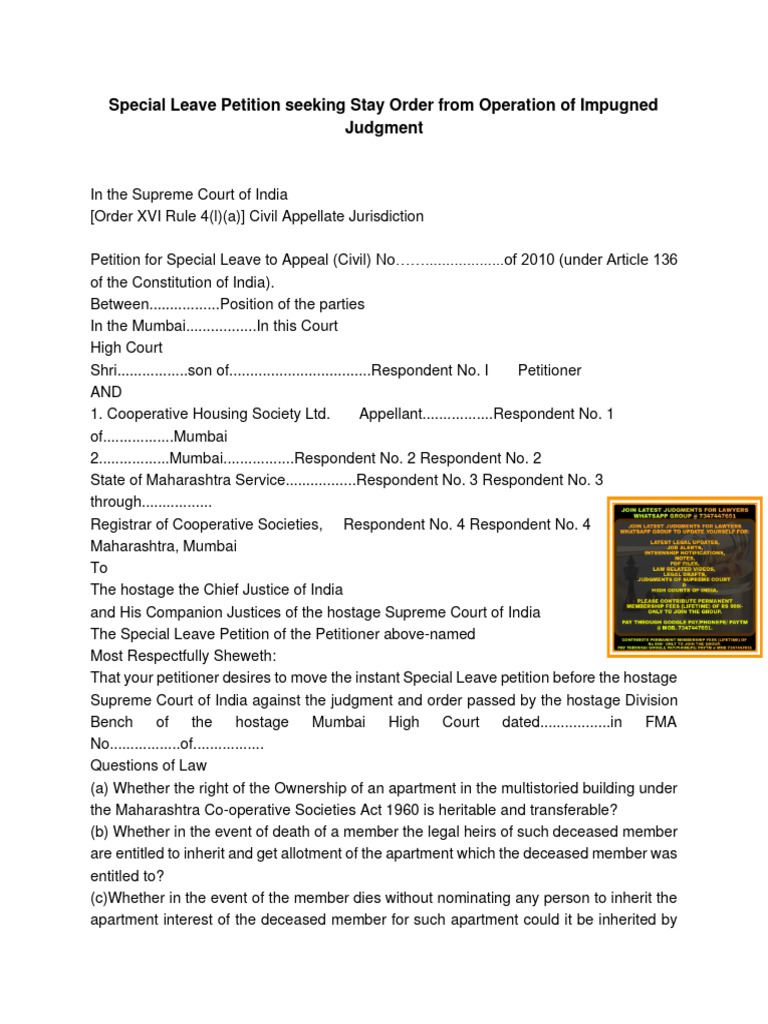 Special Leave Petition for Stay Order | PDF | Affidavit | Judgment (Law)