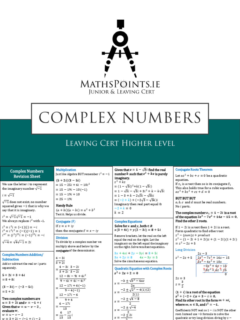 Complex Numbers Revision Sheet LCHL S | PDF | Complex Number | Quadratic Equation