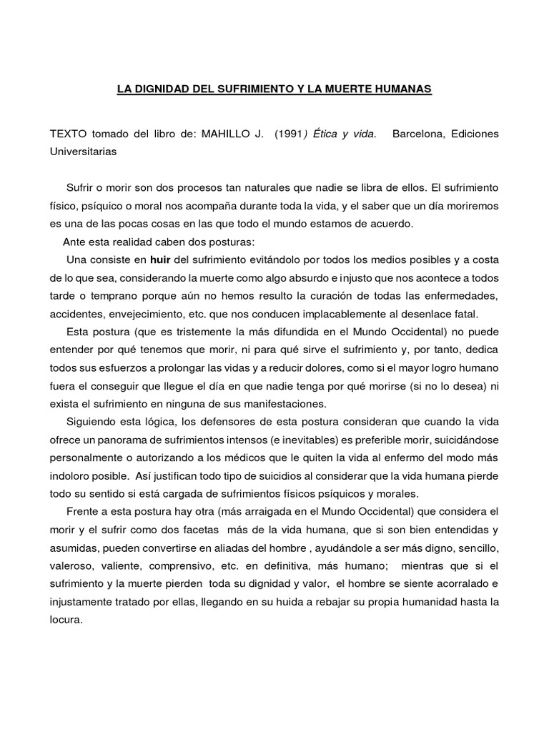 B LA DIGNIDAD DEL SUFRIMIENTO Y LA MUERTE HUMANAS Mahillo | PDF | Sufrimiento | Muerte
