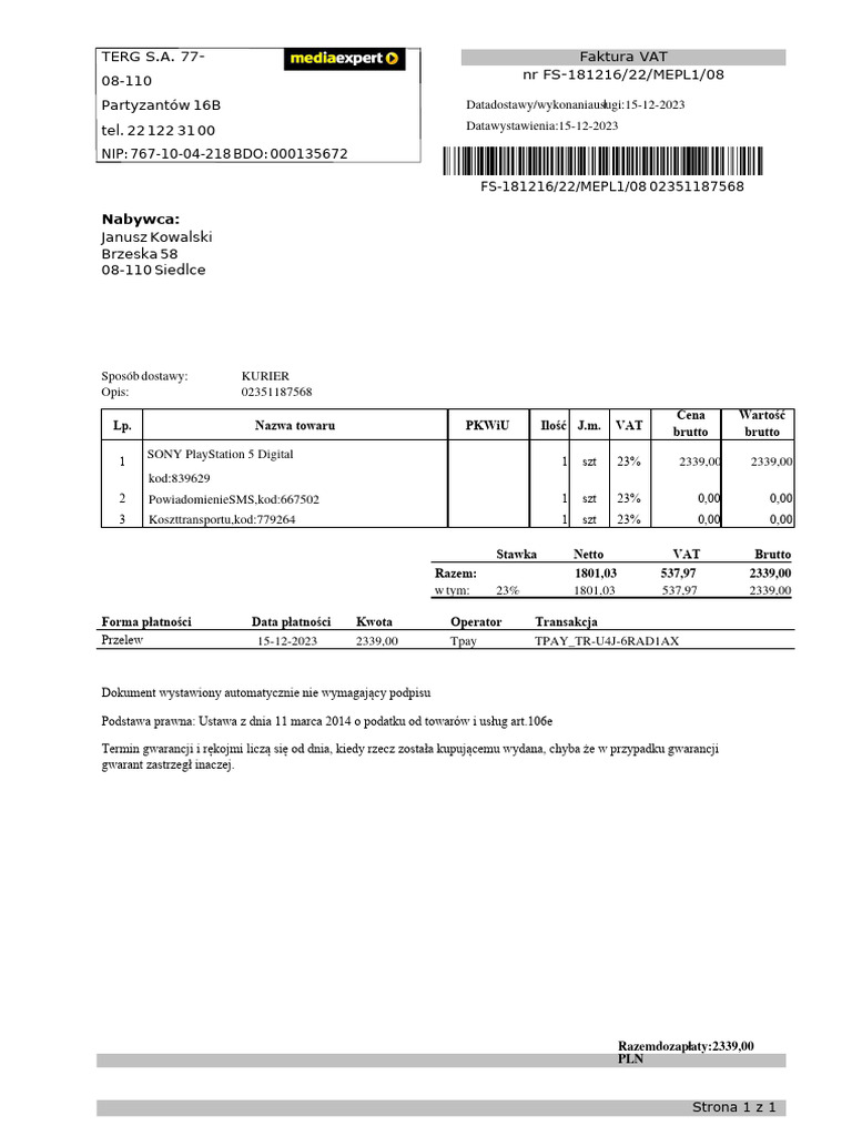 Playstation 5 Faktura | PDF