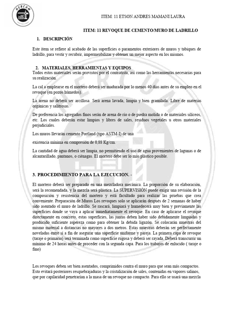 Item de Revoque de Muro de Ladrillo | PDF | Mortero (Albañilería) | Cemento