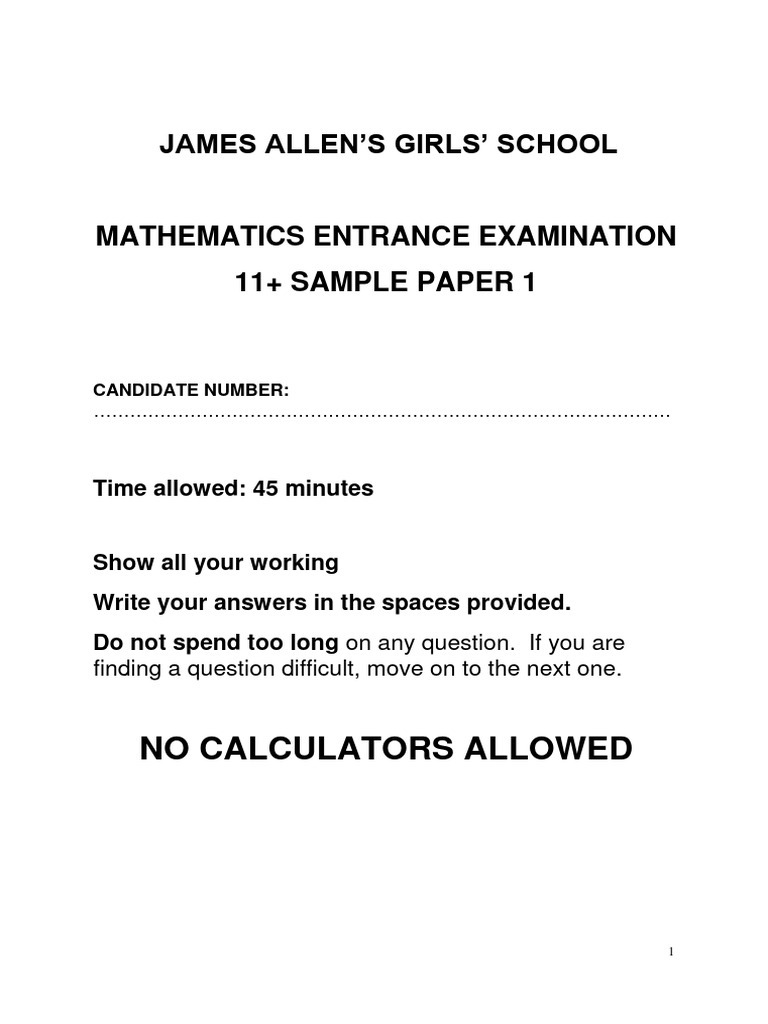 James Allens Girls School 11 Plus Maths Sample Paper 1 2020 | PDF